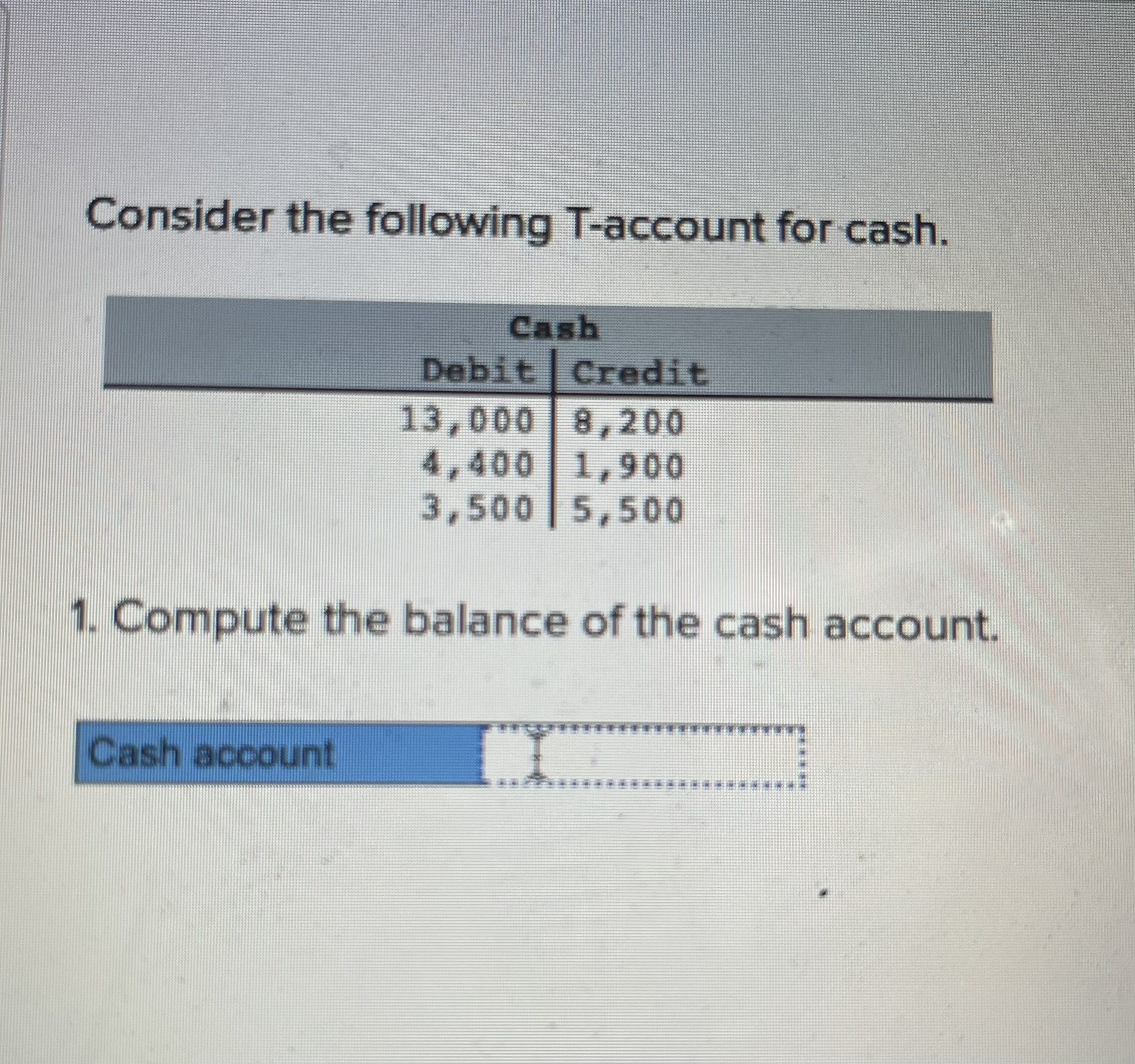 Solved Consider the following T-account for cash. 1. Compute | Chegg.com Solved Consider the following T-account for cash. 1. Compute | Chegg.com