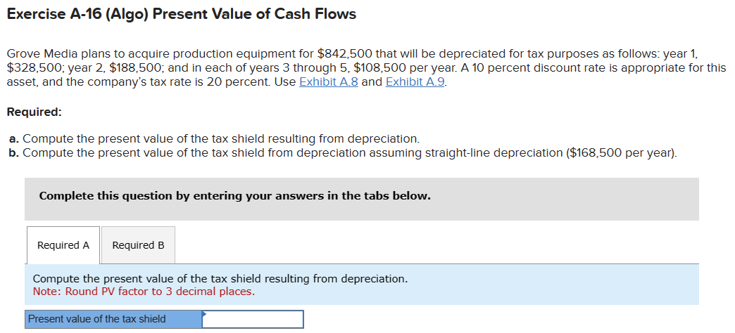 Solved Exercise A-16 (Algo) Present Value of Cash Flows | Chegg.com