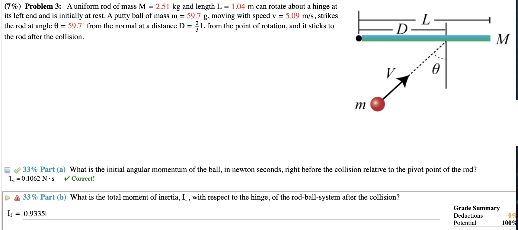 Solved (7\%) Problem 3: A uniform rod of mass M=2.51 kg and | Chegg.com