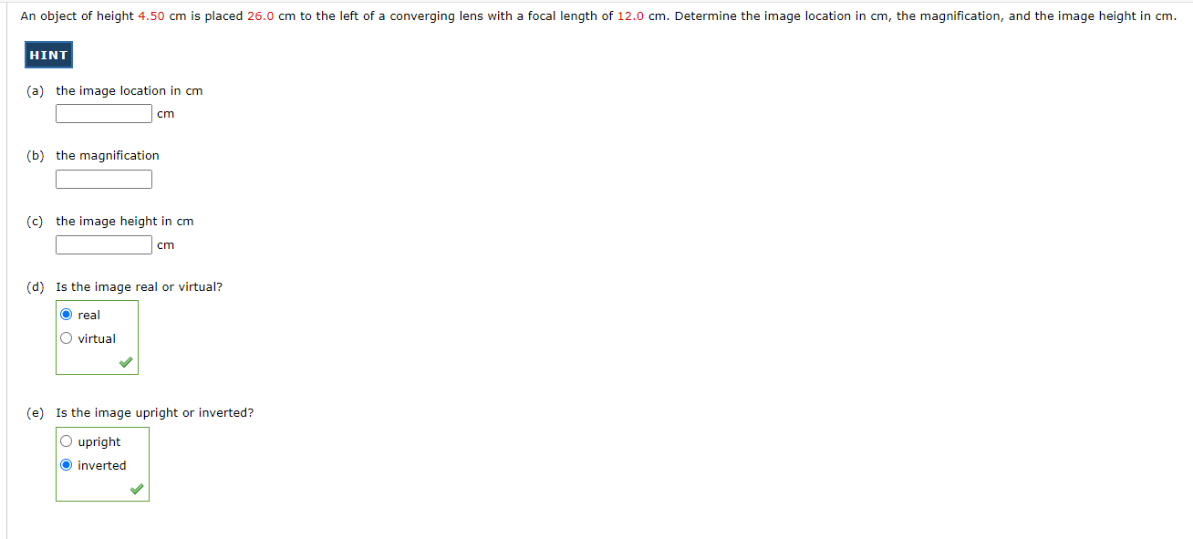Solved (a) the imaqe location in cm cm (b) the magnification | Chegg.com