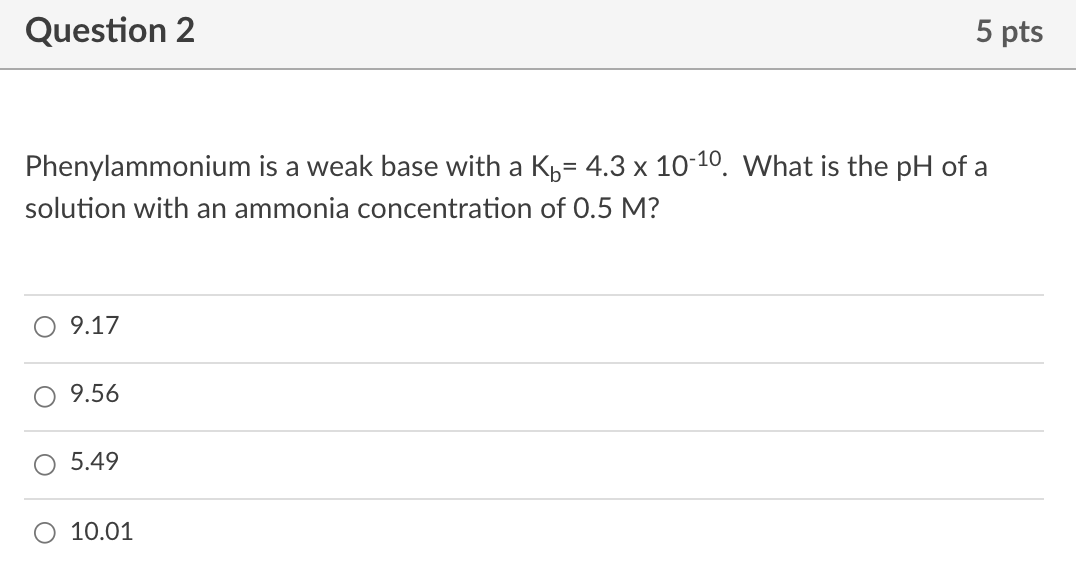 Solved Question 2 5 pts Phenylammonium is a weak base with a | Chegg.com
