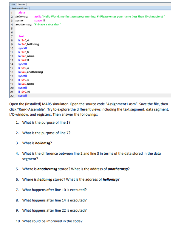 Solved Open the (installed) MARS simulator. Open the source | Chegg.com