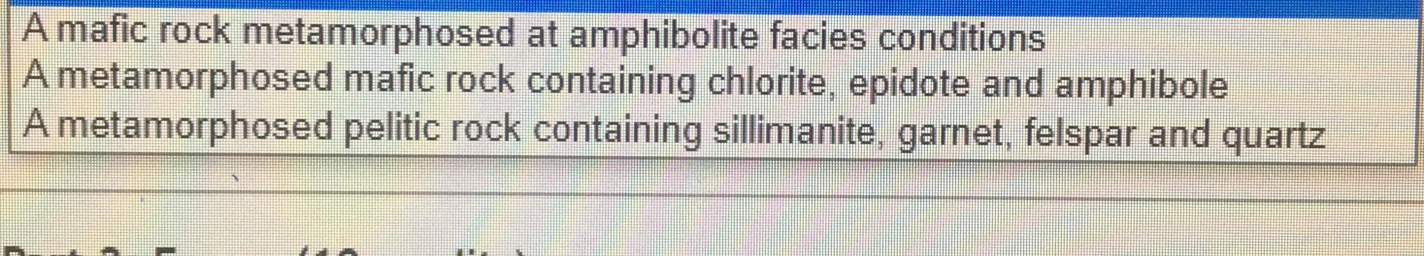 Solved A mafic rock metamorphosed at amphibolite facies | Chegg.com