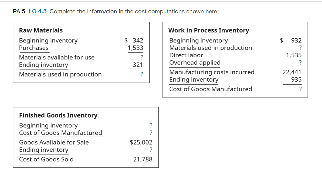 Solved PA 5. LO 4.5Complete the information in the cost | Chegg.com