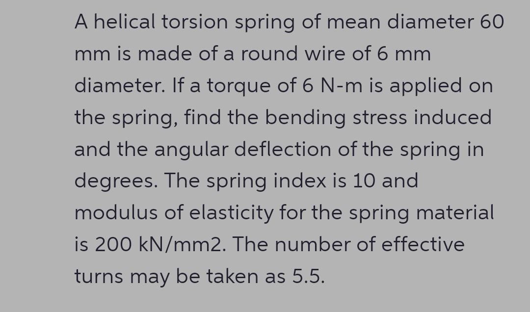 Solved A helical torsion spring of mean diameter 60 ﻿mm is | Chegg.com
