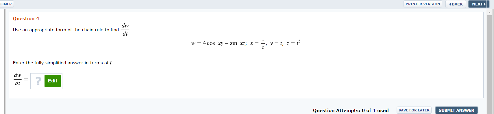 Solved TIMER PRINTER VERSION A BACK NEXT Question 4 dw Use | Chegg.com