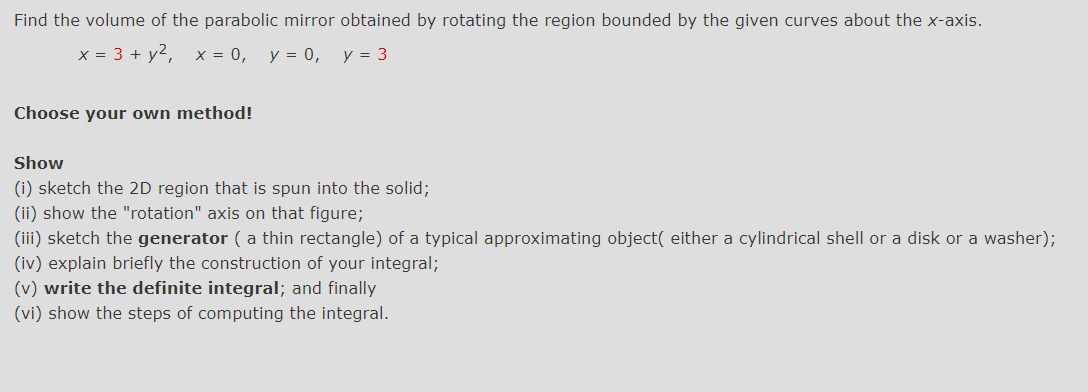 Solved x=3+y2,x=0,y=0,y=3 Choose your own method! Show (i) | Chegg.com