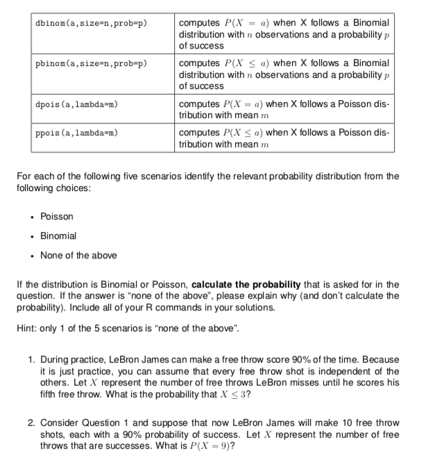 Solved dbinom(a,size-n, prob-p) pbinom(a, size=n, prob=p) | Chegg.com