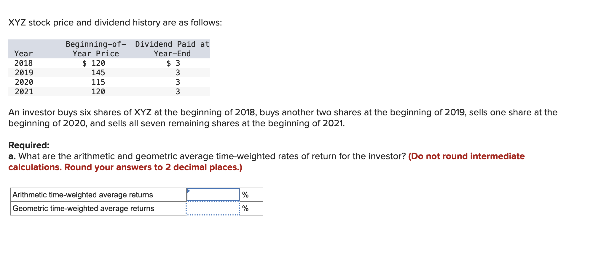 Solved XYZ stock price and dividend history are as follows: | Chegg.com