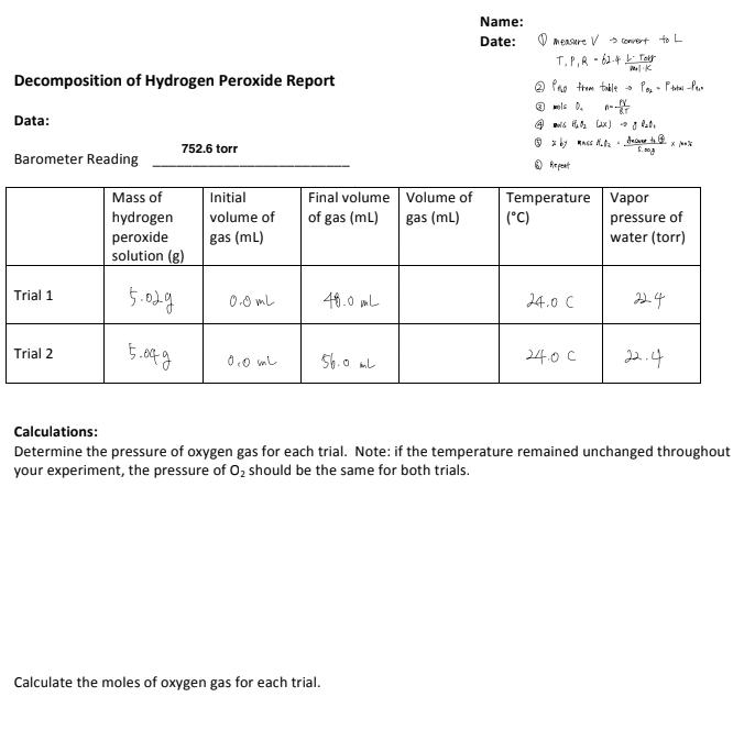 Experiment 11: Decomposition of Hydrogen peroxide | Chegg.com
