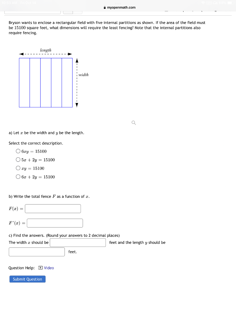 Solved Bryson wants to enclose a rectangular field with five | Chegg.com
