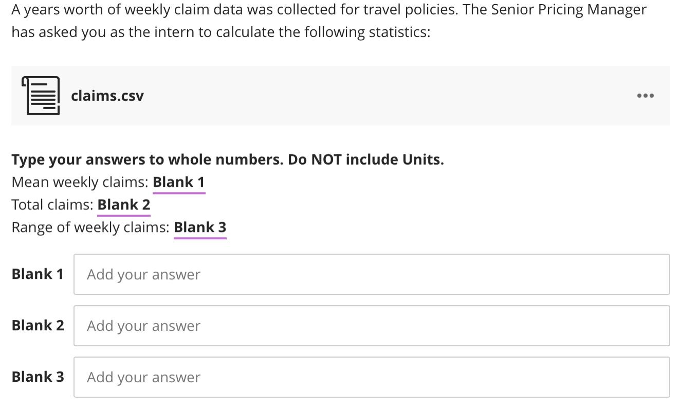 Solved A years worth of weekly claim data was collected for | Chegg.com