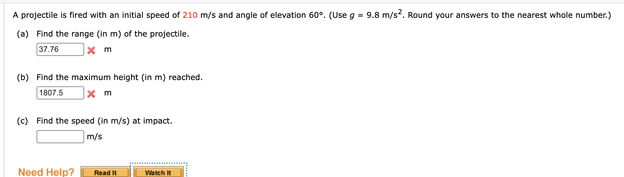 Solved A Projectile Is Fired With An Initial Speed Of 210