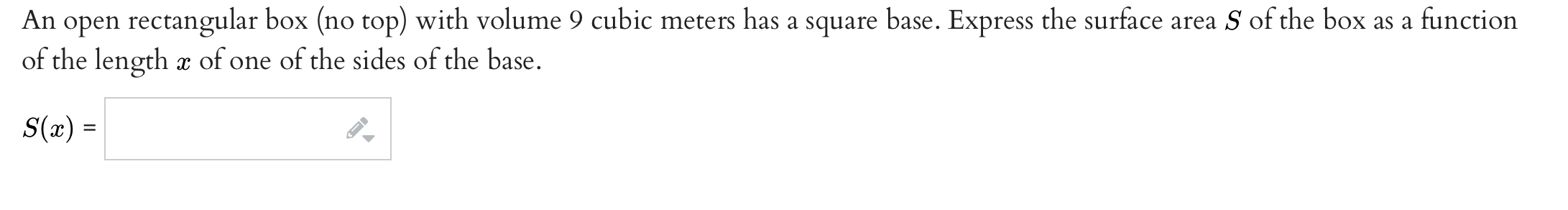Solved An open rectangular box (no top) with volume 9 cubic | Chegg.com