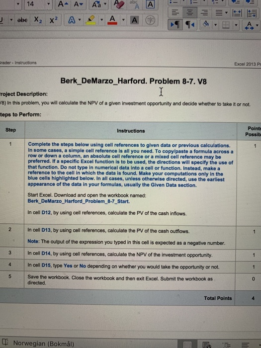 Solved rader-Instructions Excel 2013 P Berk DeMarzo Harford. | Chegg.com