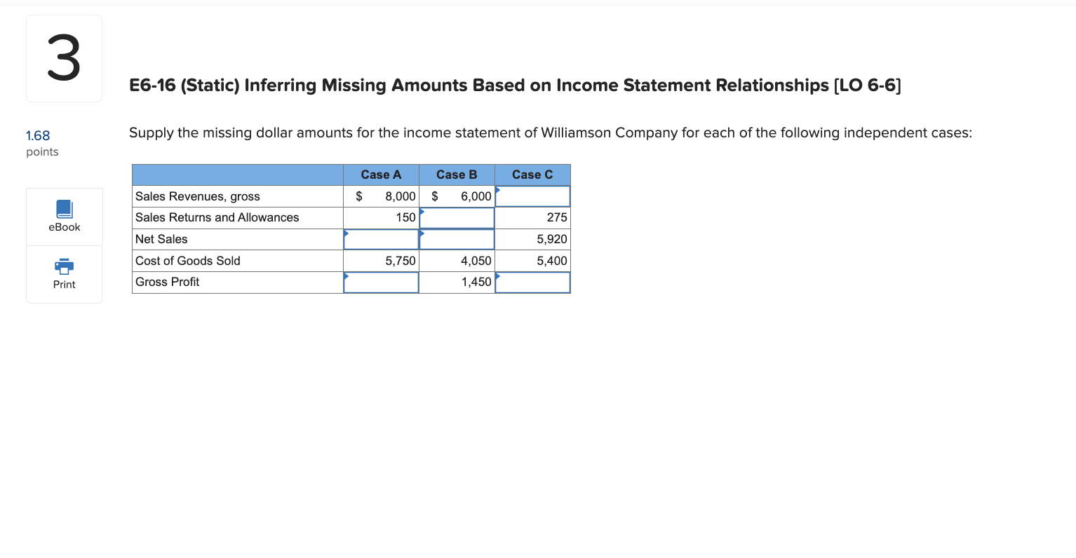 Solved E6-16 (Static) Inferring Missing Amounts Based on | Chegg.com