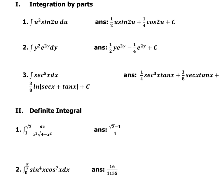Solved I. Integration by parts 1. S u’sin2u du žusin2u+ | Chegg.com