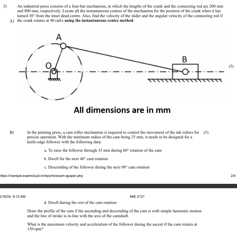 Solved All dimensions are in mmB) ﻿In the printing press, a | Chegg.com
