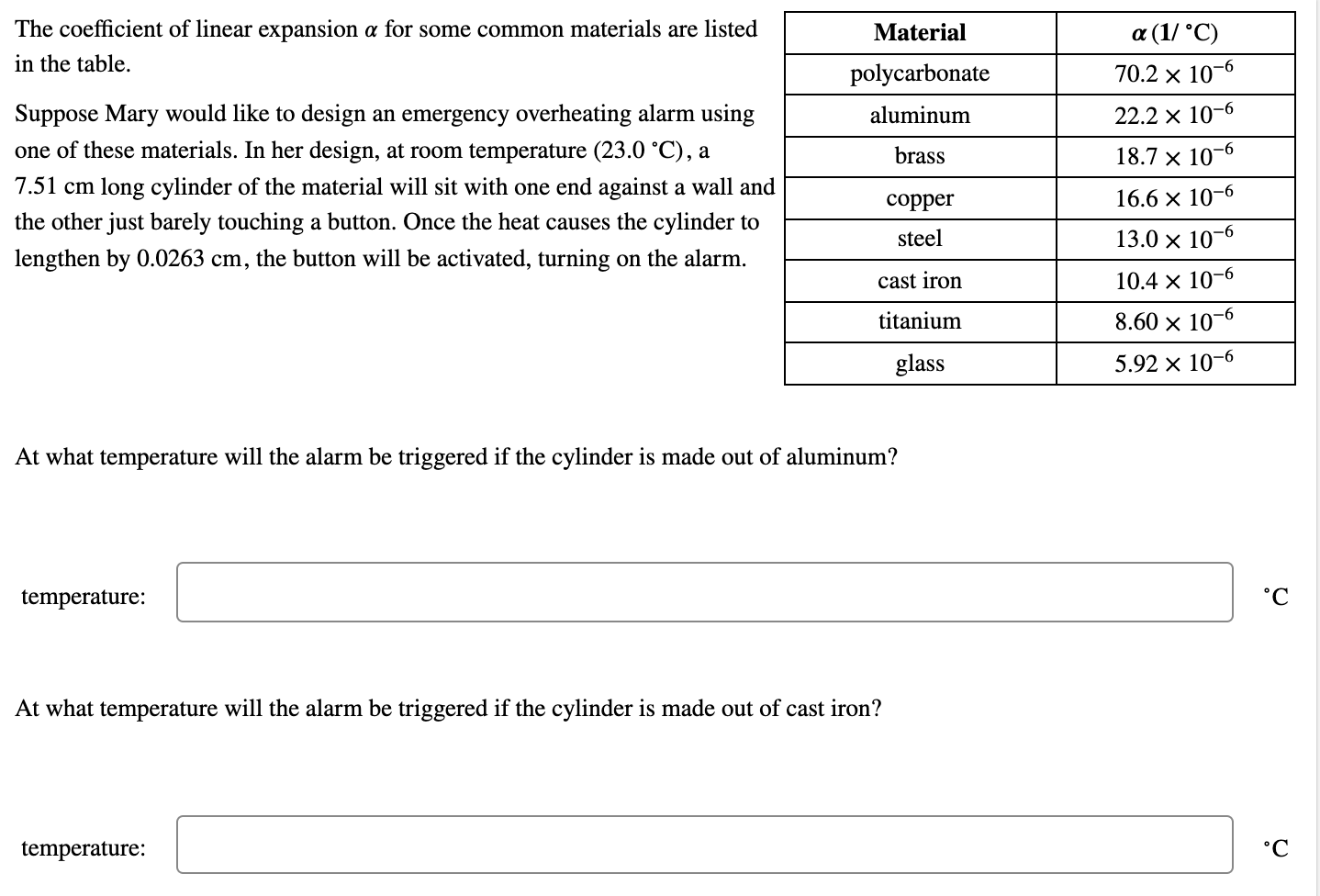 Solved Material The coefficient of linear expansion a for | Chegg.com