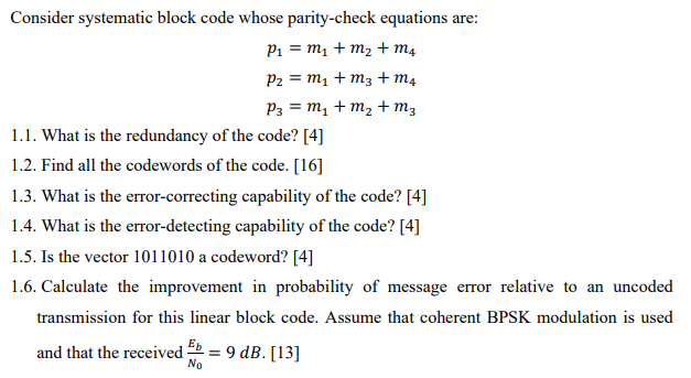 : Consider systematic block code whose parity-check | Chegg.com