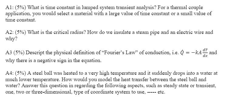 Solved A1: (5%) What is time constant in lumped system | Chegg.com