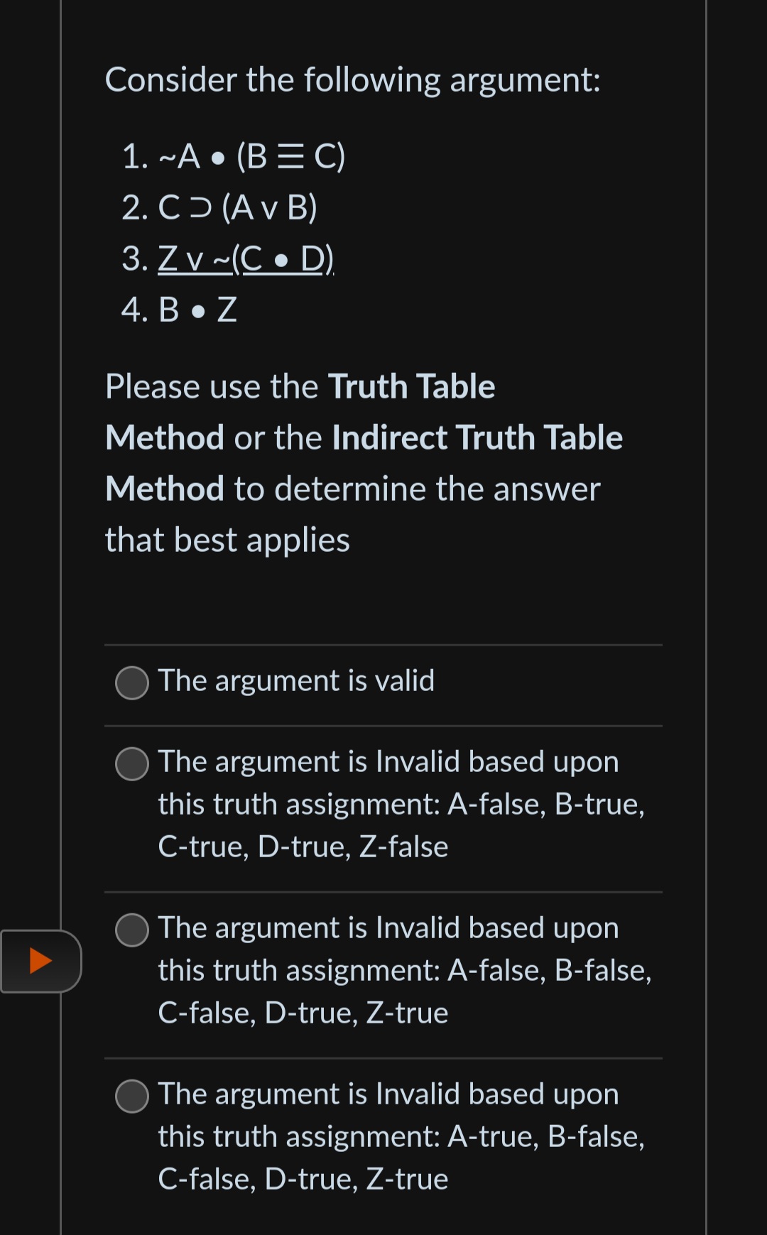 Consider the following argument: 1. ∼A∙(B≡C) 2. | Chegg.com