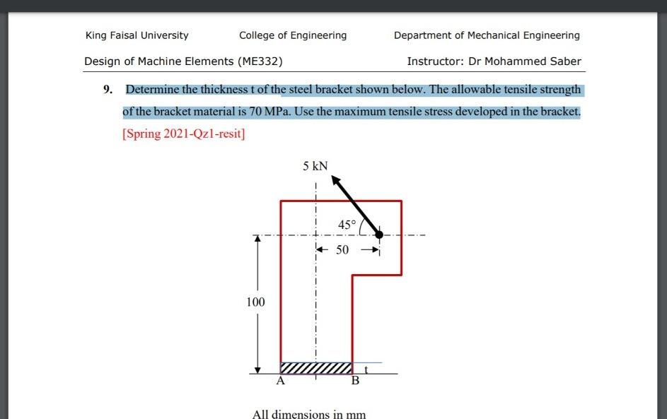 Solved Determine the thickness t of the steel bracket shown | Chegg.com