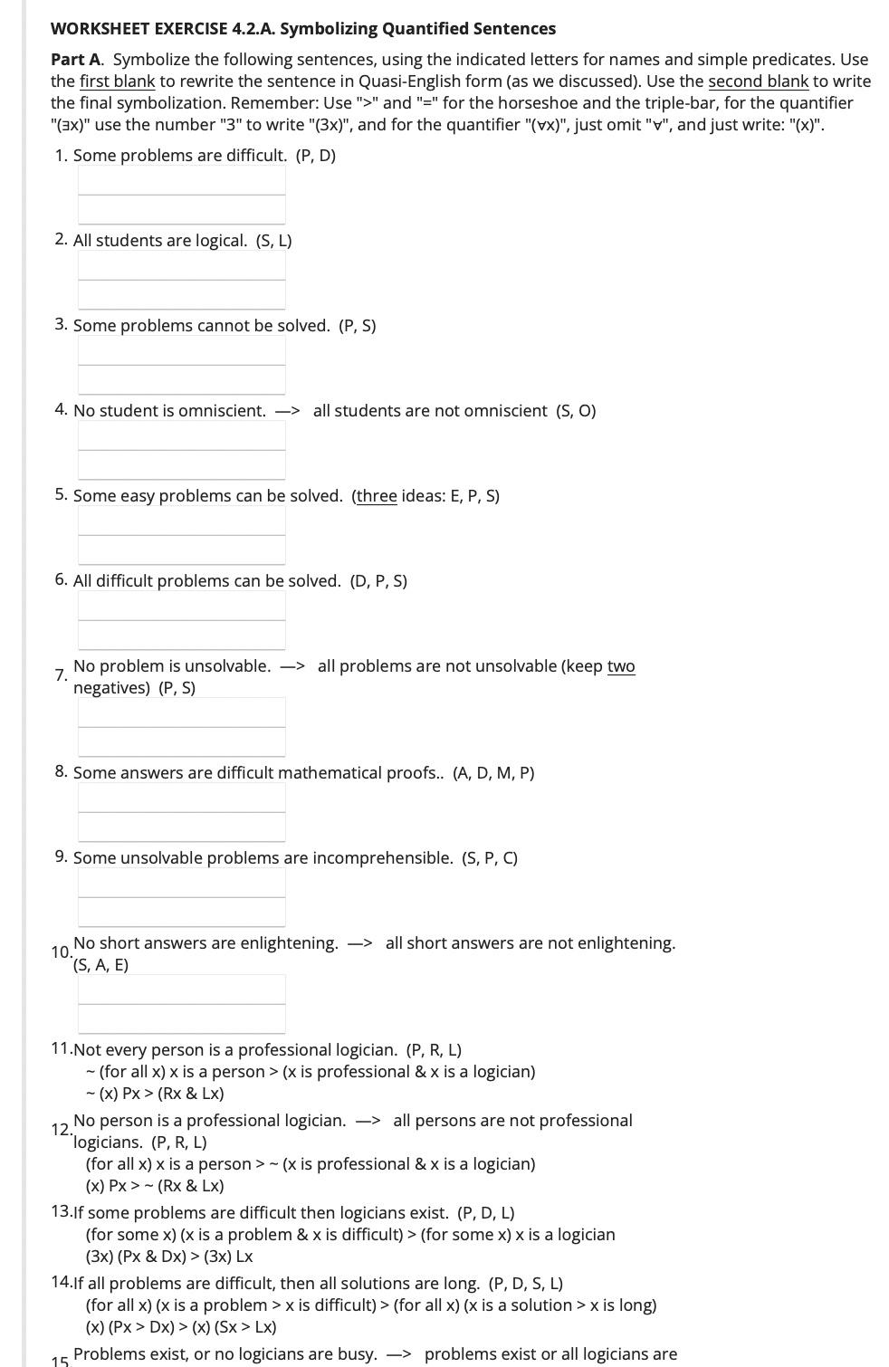 Solved WORKSHEET EXERCISE 4.2.A. Symbolizing Quantified | Chegg.com