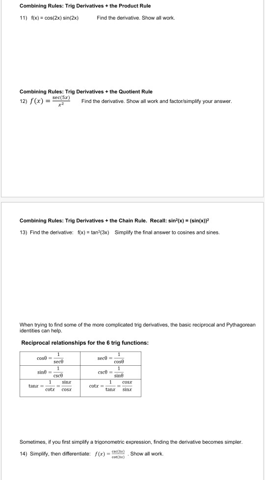 Solved MATH260-Week 4 Lab Part I: The Trig Derivatives | Chegg.com