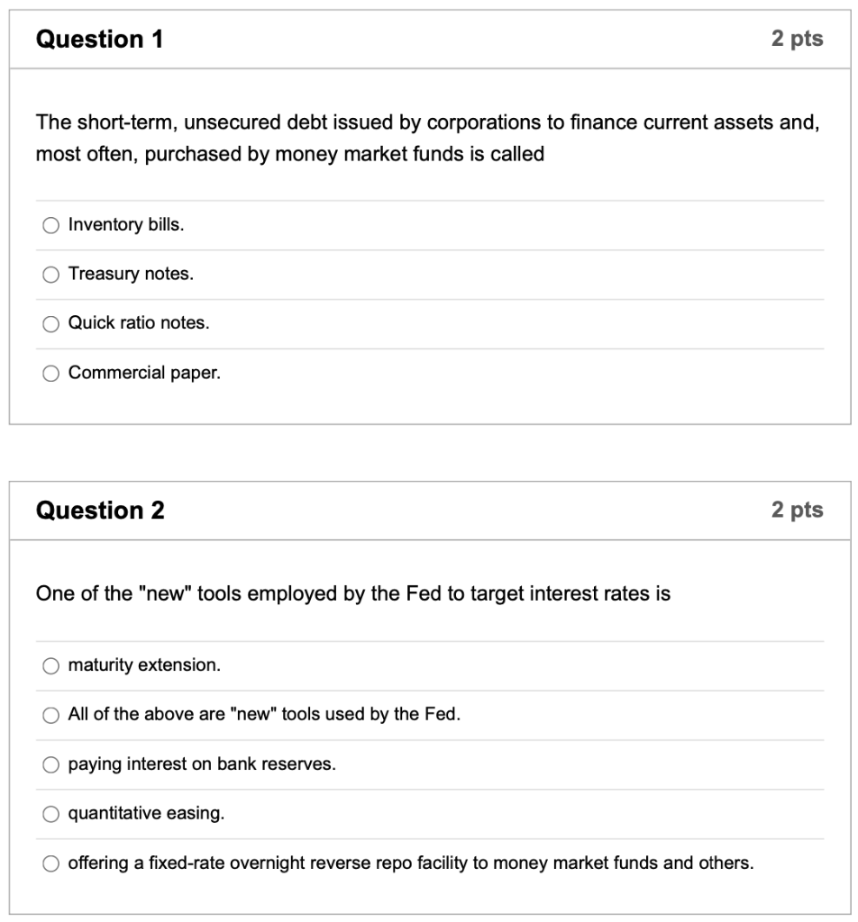 Solved Question 1 2 pts The short-term, unsecured debt | Chegg.com