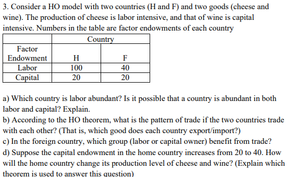 Solved 3. Consider a HO model with two countries (H and F) | Chegg.com