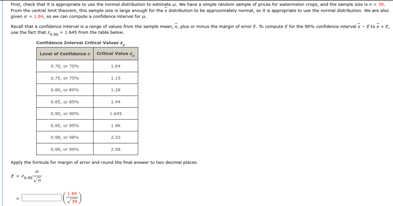 Solved given σ=1.84, ﻿so we can compute a confidence | Chegg.com