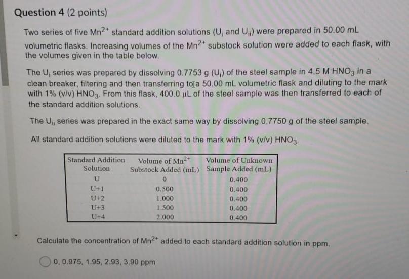 Question 4 (2 points) Two series of five Mn2 standard | Chegg.com