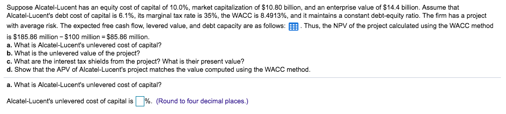 Solved Suppose Alcatel-Lucent has an equity cost of capital | Chegg.com