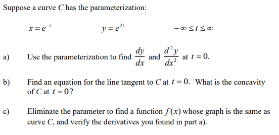 Solved Suppose a curve C has the parameterization: x = e' | Chegg.com