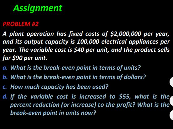 Solved Assignment PROBLEM #2 A plant operation has fixed | Chegg.com