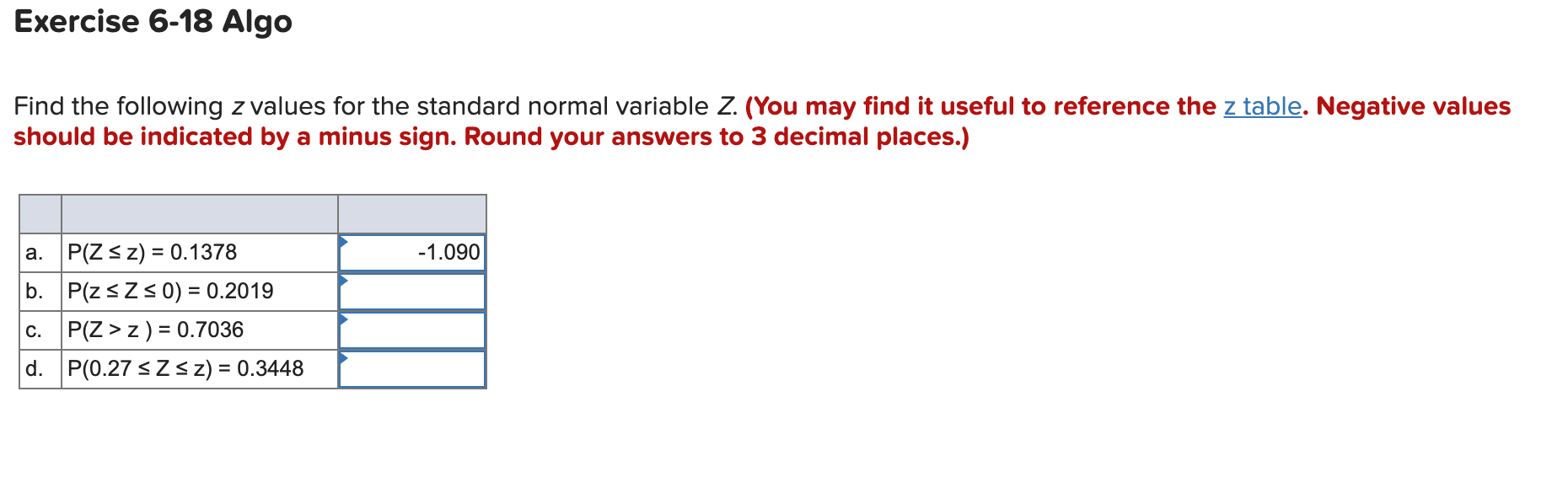 Solved Exercise 6-18 Algo Find the following z values for | Chegg.com