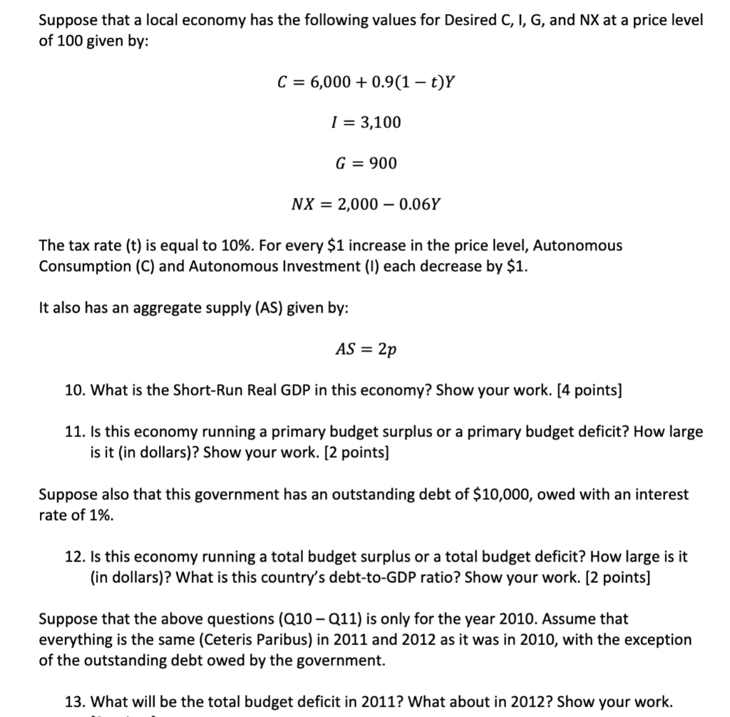 Solved Suppose that a local economy has the following values | Chegg.com