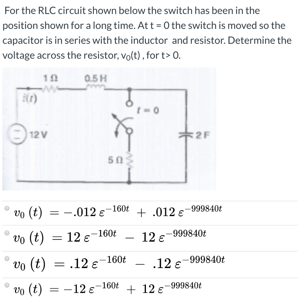Solved For the RLC circuit shown below the switch has been | Chegg.com