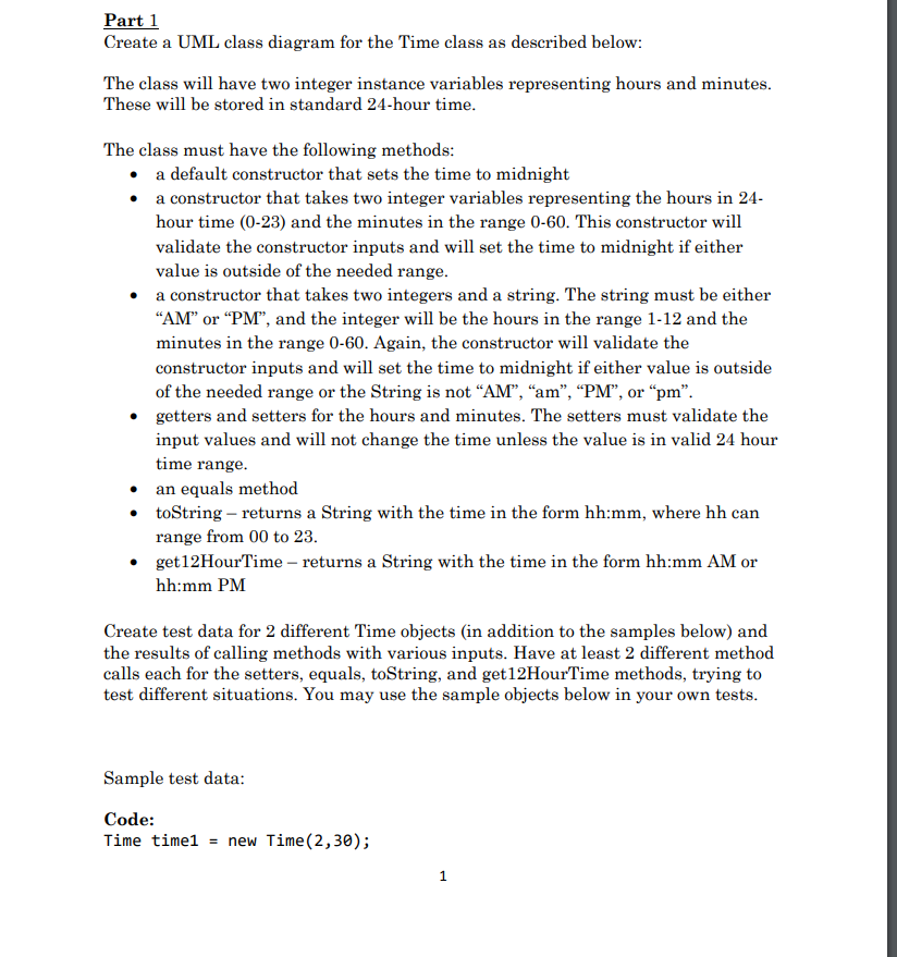 Solved Part 1 Create a UML class diagram for the Time class | Chegg.com