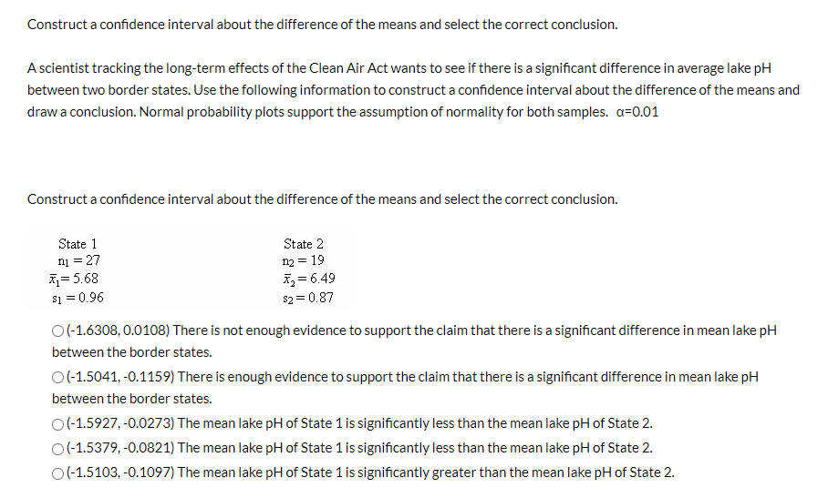 Solved Construct a confidence interval about the difference | Chegg.com