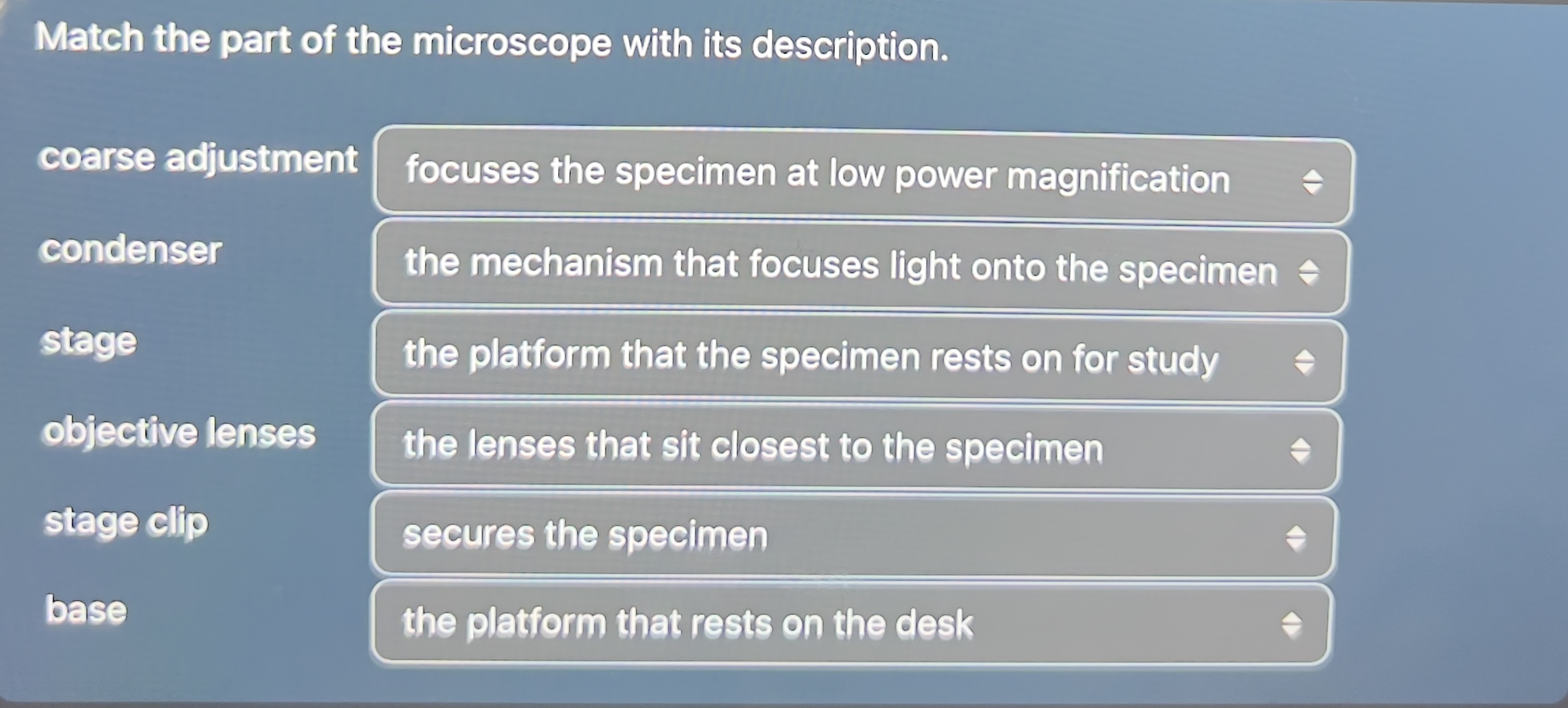 Solved Match the part of the microscope with its | Chegg.com