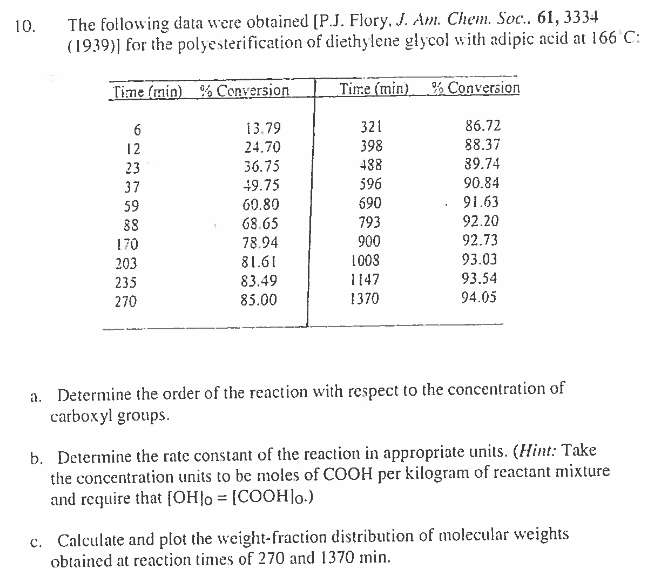 Solved 10. The fotlowing data were obtained [P.J. Flory. J. | Chegg.com