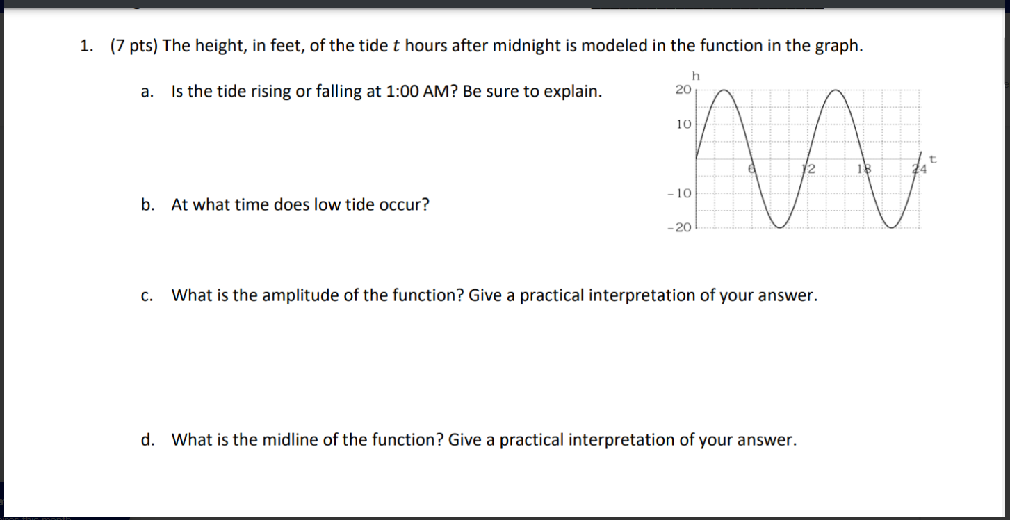 Solved (7 pts) The height, in feet, of the tide t hours | Chegg.com