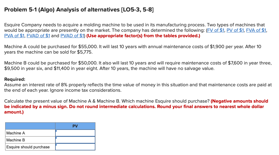 Solved Problem 5-1 (Algo) Analysis of alternatives (LO5-3, | Chegg.com