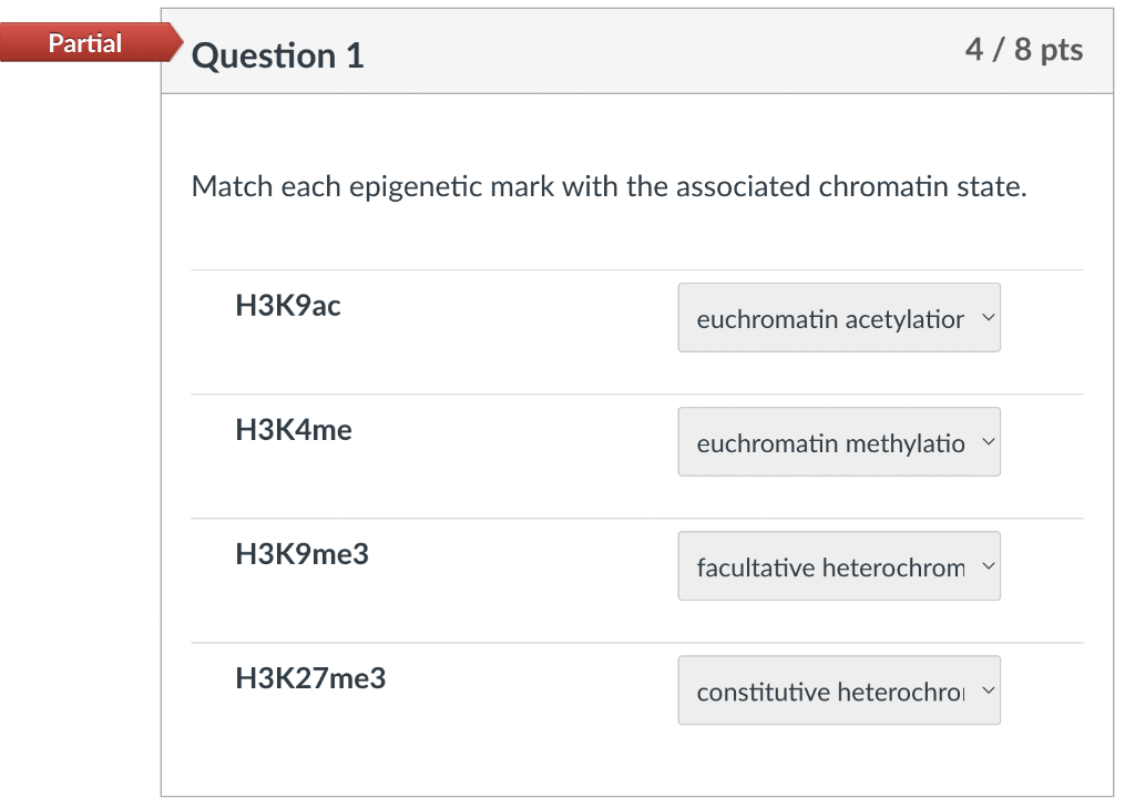 Solved QUESTION 1. Match each epigenetic mark with the | Chegg.com