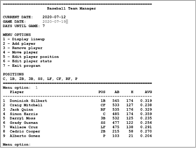 Solved Python project: Convert the Baseball Team Manager | Chegg.com