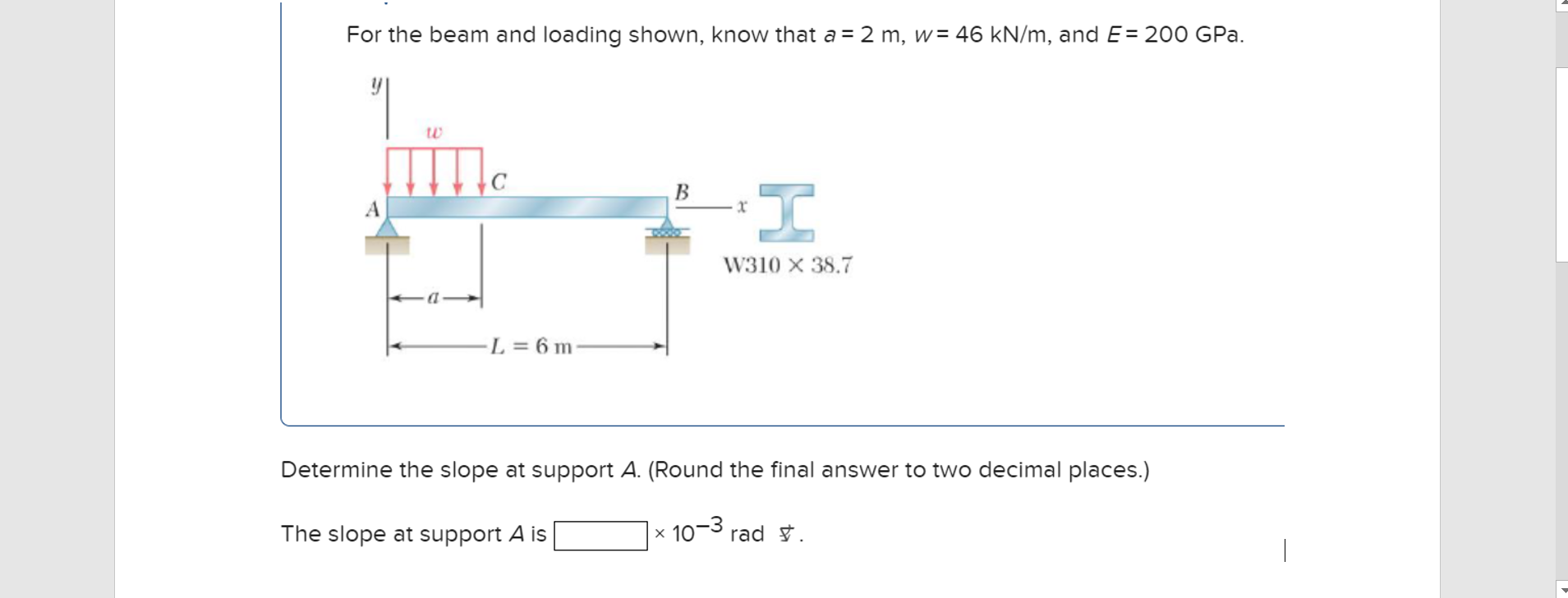 Solved For the beam and loading shown, know that a = 2 m, w= | Chegg.com