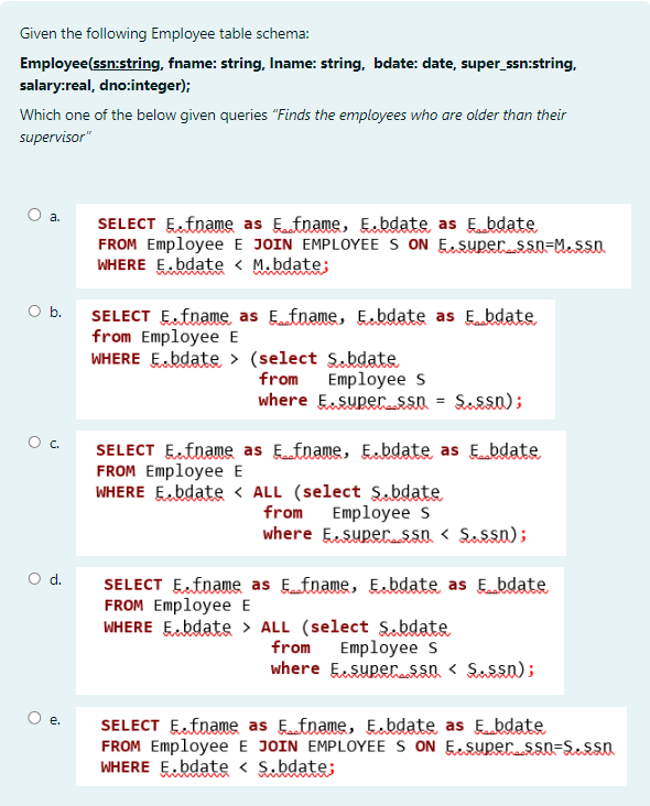 Solved Given the following Employee table schema: | Chegg.com Solved Given the following Employee table schema: | Chegg.com