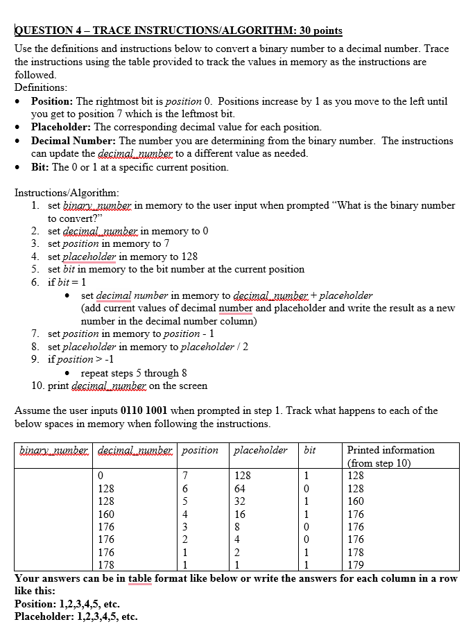 Solved QUESTION 4 - TRACE INSTRUCTIONS/ALGORITHM: 30 points | Chegg.com